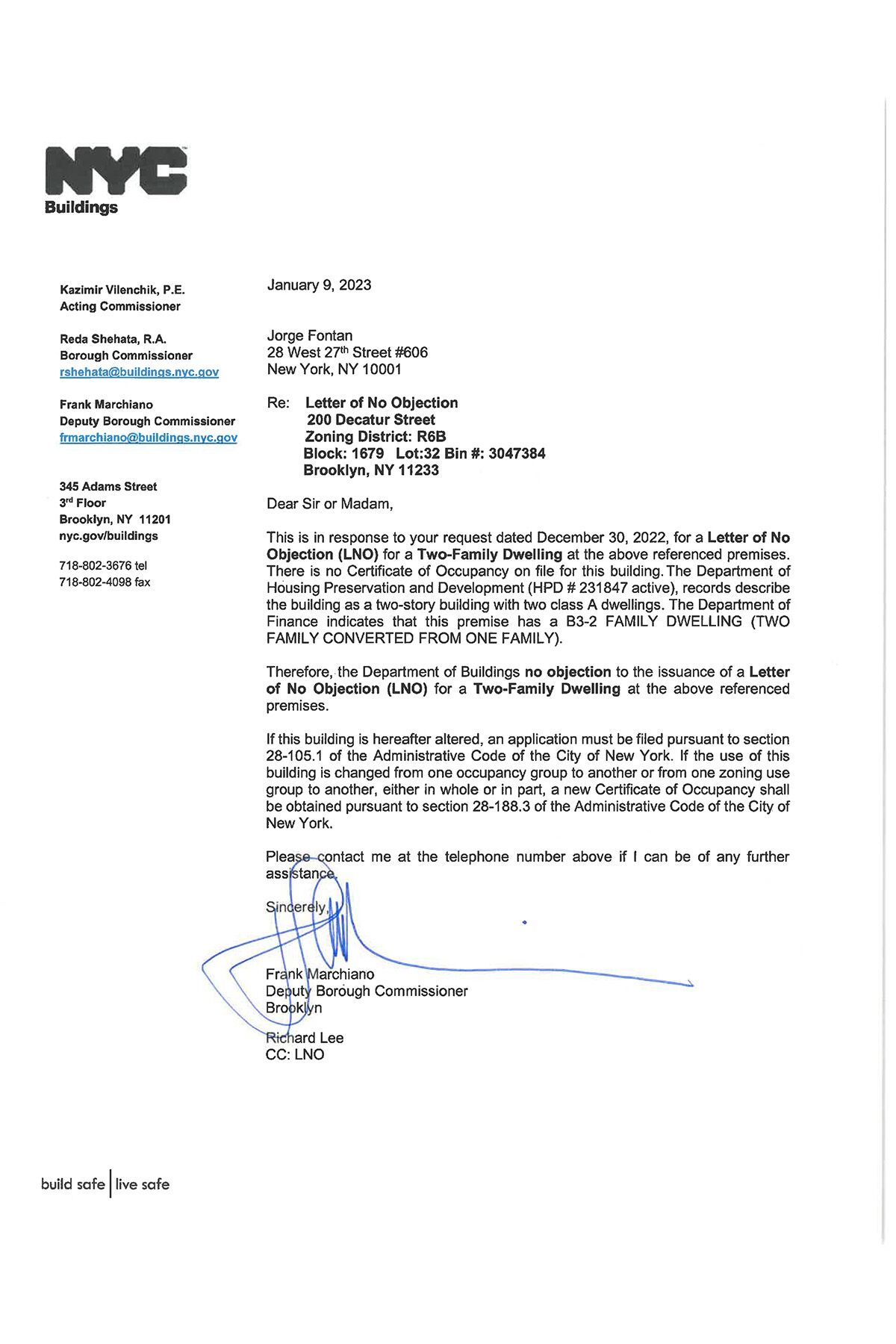 Letter of No Objection NYC DOB · Fontan Architecture